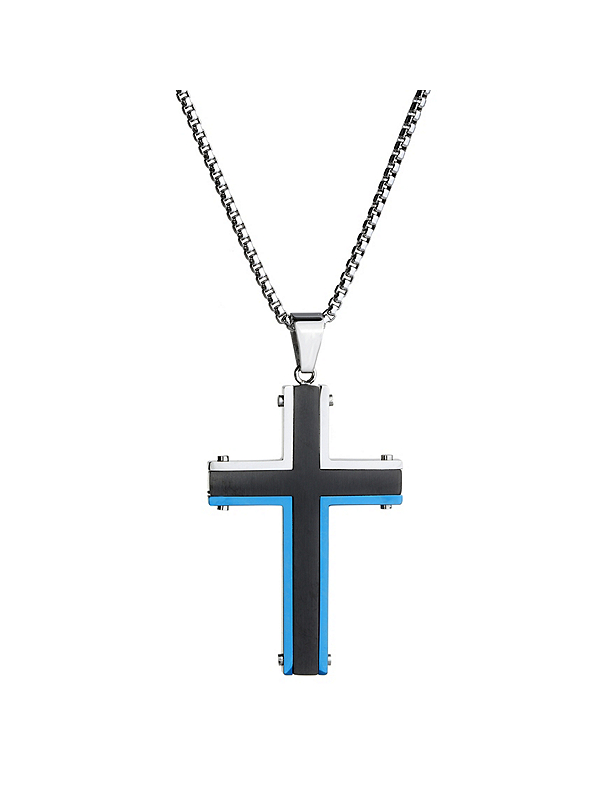 Fingerhut Lynx Men s Stainless Steel Black and Blue Ionic Plated Tri Color Cross Pendant Necklace