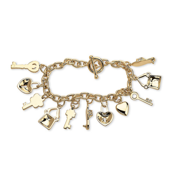PalmBeach Jewelry 14K Gold Over Brass Crystal Shoe Purse Heart Key Charm Bracelet